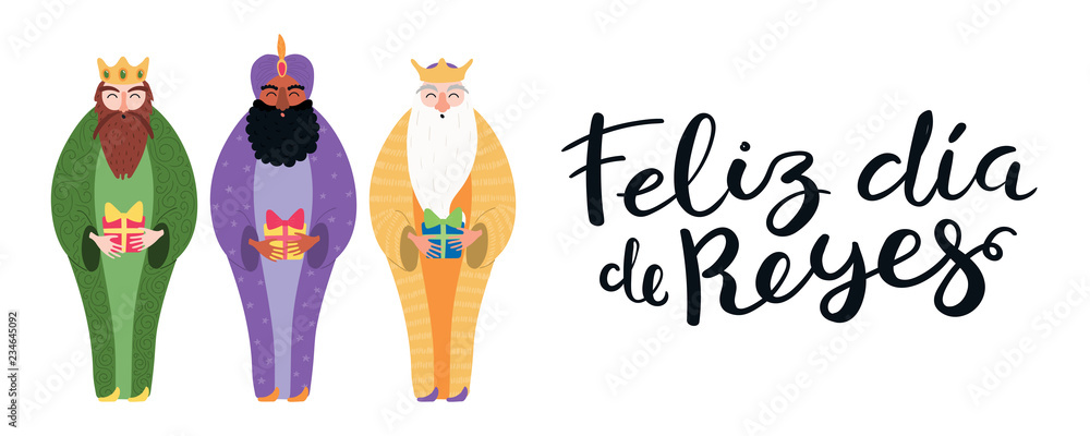 Hand drawn vector illustration of three kings with gifts, Spanish quote ...
