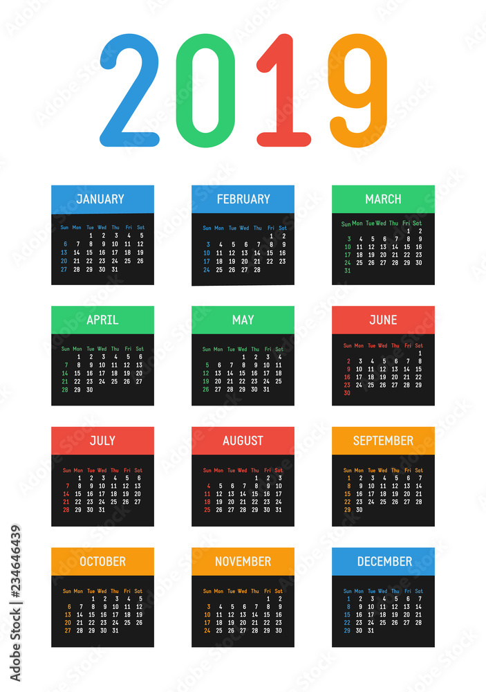 Vector 2019 new year calendar. Bright contrast design. The week starts ...