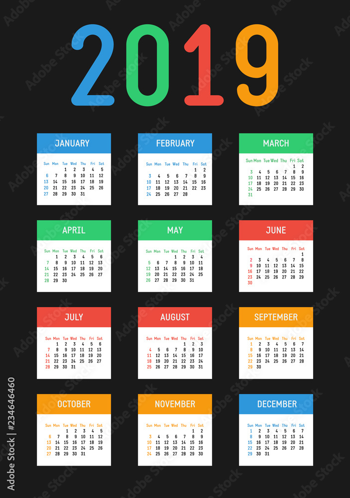 Vector 2019 new year calendar. Bright contrast design. The week starts ...