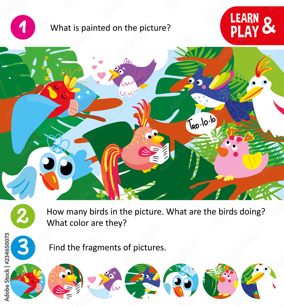 game for small children. Search fragments. Cartoon birds on trees doing ...