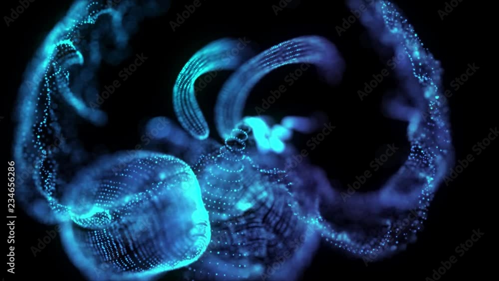 Rotating 360 degree of human brain. Glowing blue light particles point ...