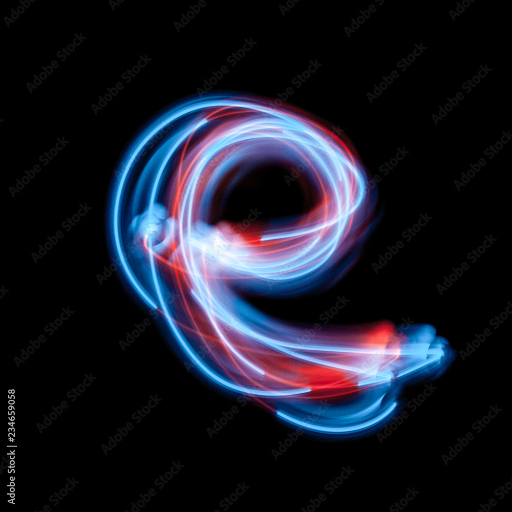 Letter E of the alphabet made from neon sign. The blue light image ...