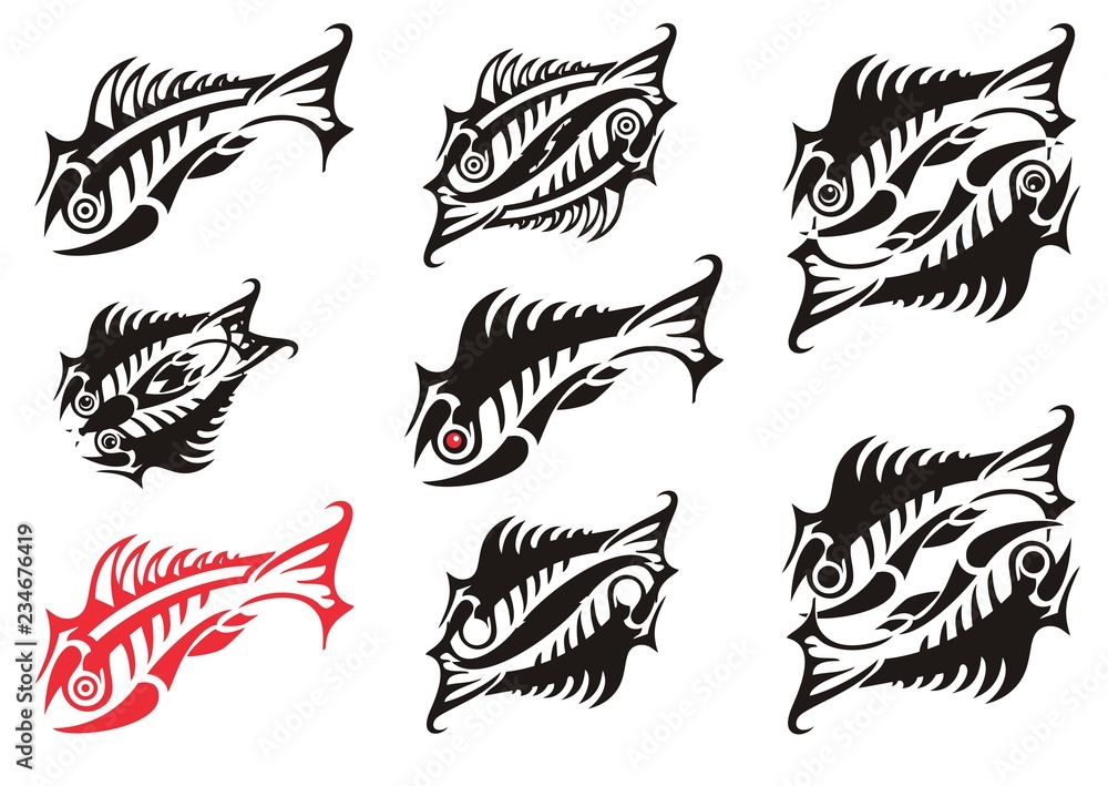 Abstract peaked skeleton fish symbols. Double fish symbols and flaming ...