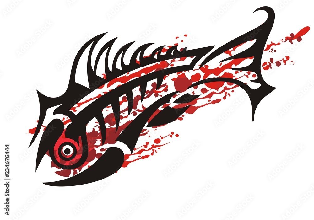 Awful splattered bloody fish symbol. Abstract grunge peaked black fish ...