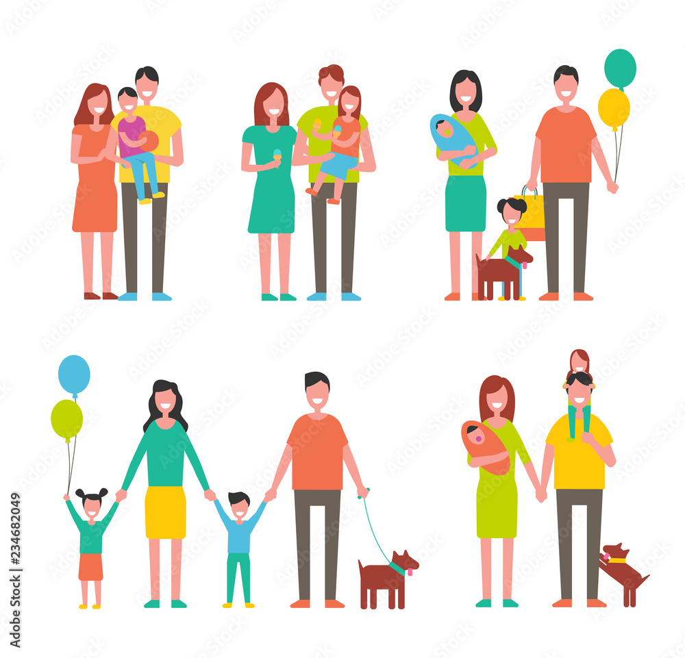 Family Members Cartoon Characters Walking Together Stock Vector | Adobe ...