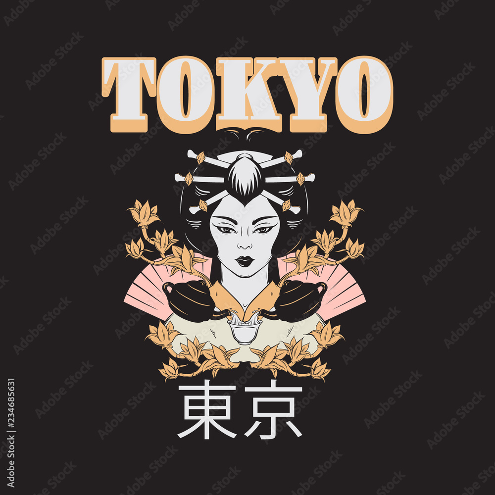 Vector hand drawn placard with hieroglyphs and portrait of geisha with ...