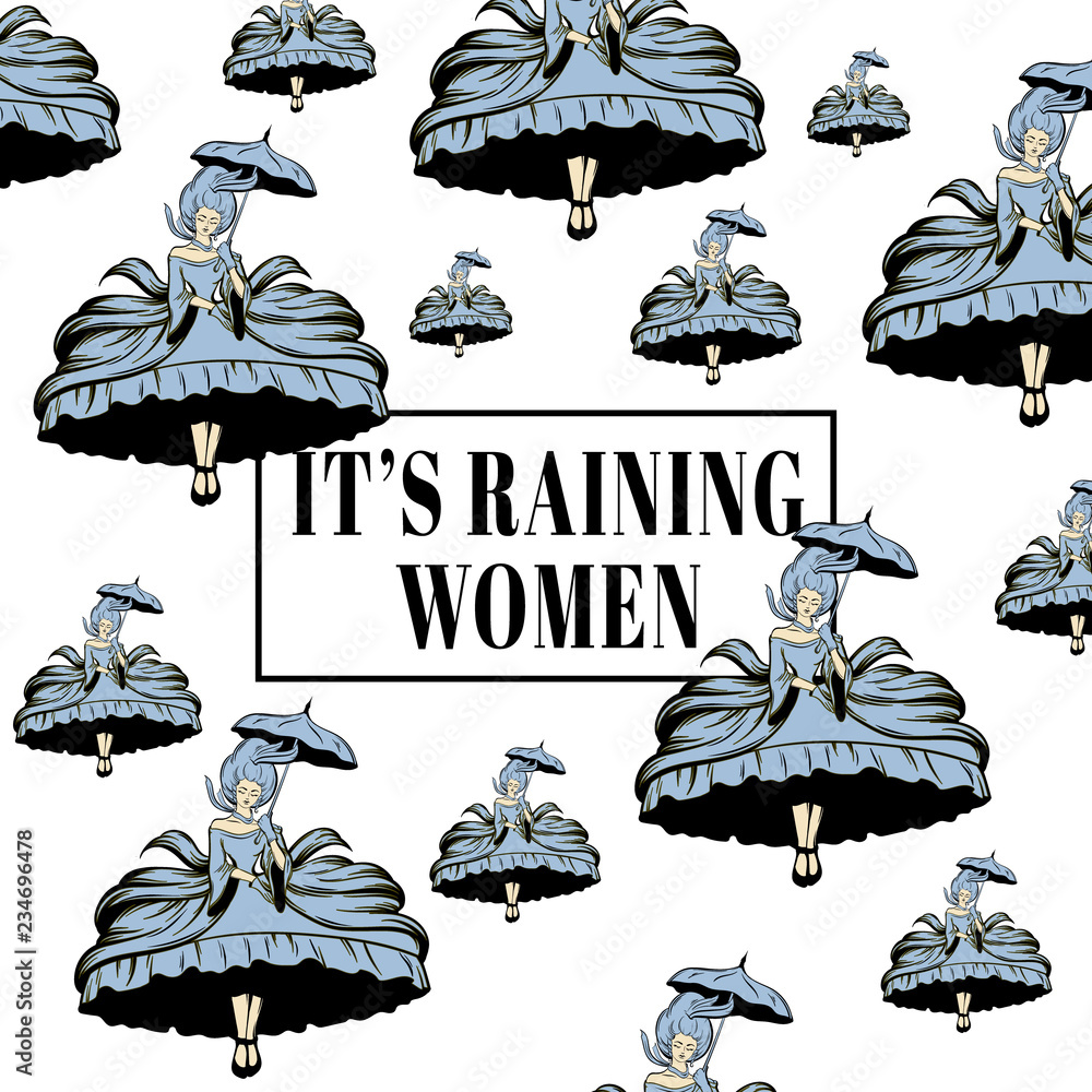 It's raining women. Vector quote typographical background with hand ...