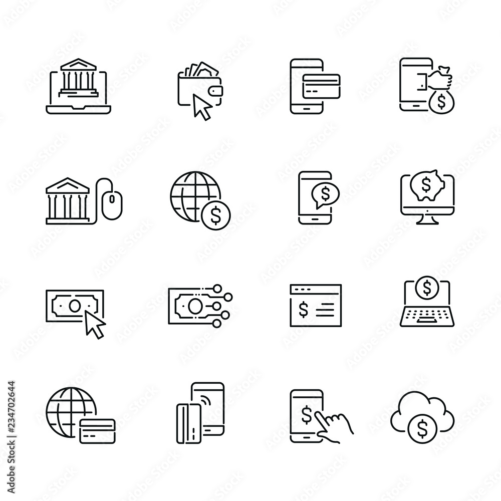 Online banking related icons: thin vector icon set, black and white kit ...