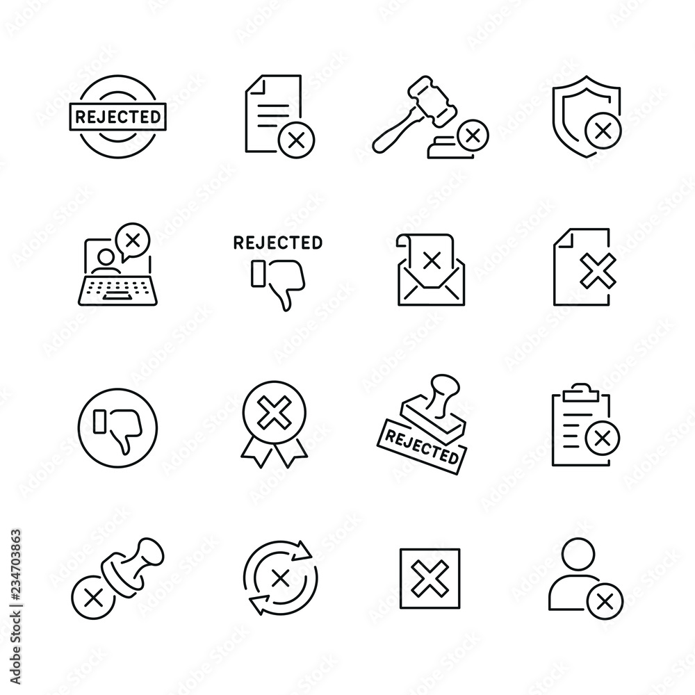 Reject related icons: thin vector icon set, black and white kit Stock ...