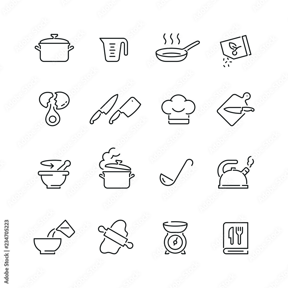 Cooking related icons: thin vector icon set, black and white kit Stock ...