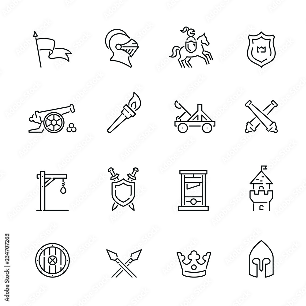 Medieval related icons: thin vector icon set, black and white kit Stock ...