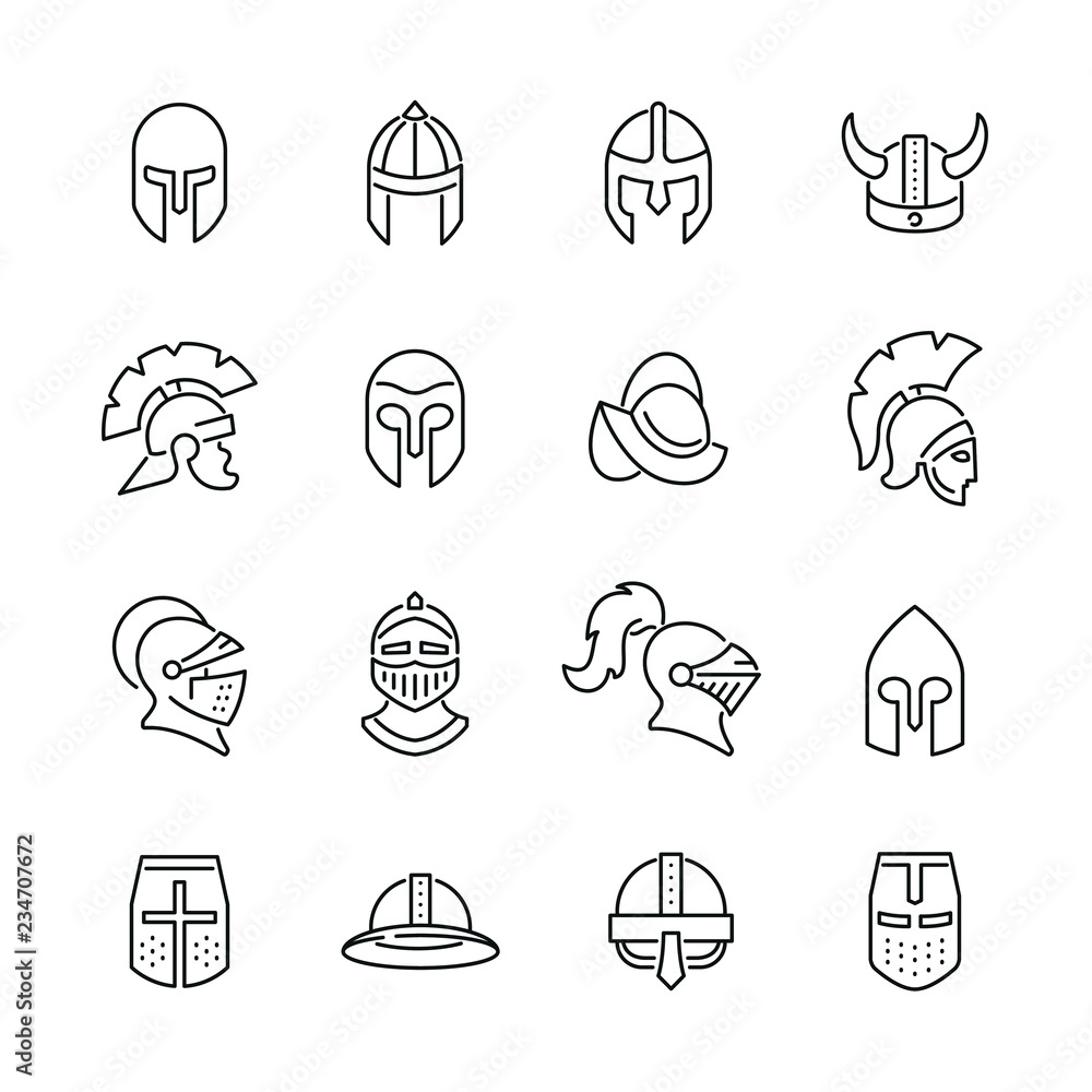 Knight helmet related icons: thin vector icon set, black and white kit ...