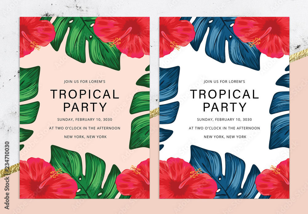 Party Invitation Layout with Tropical Illustrations Stock Template ...