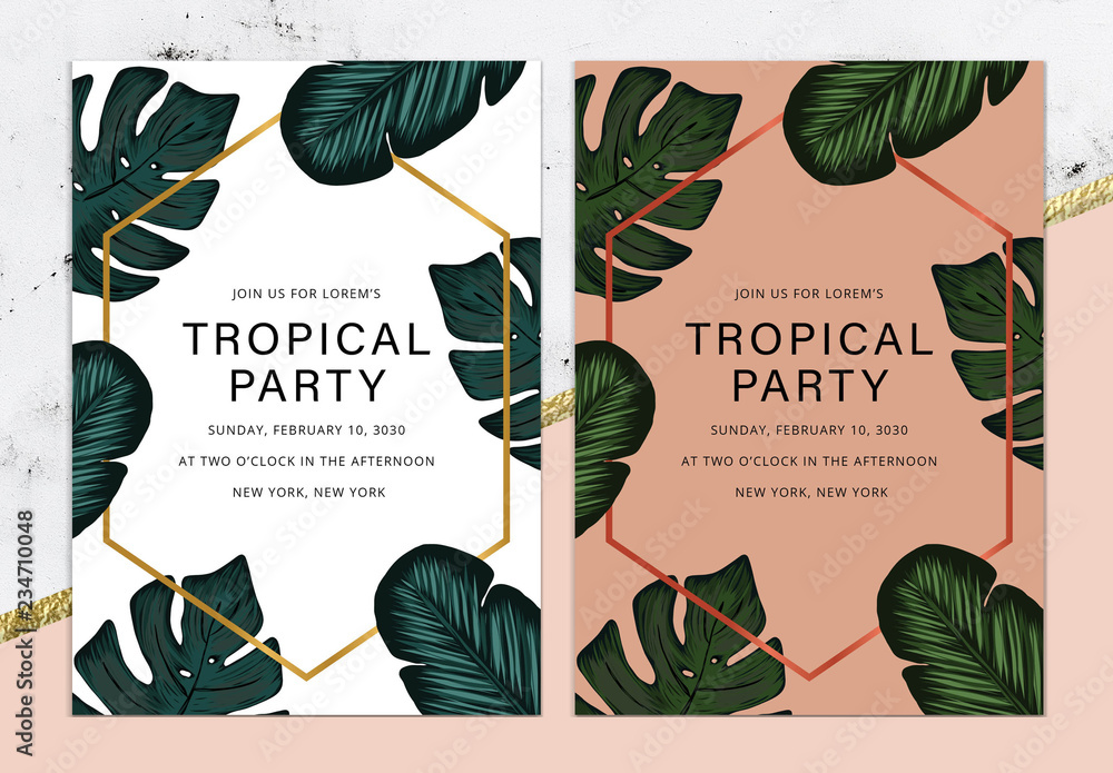 Party Invitation Layout with Tropical Illustrations Stock Template ...