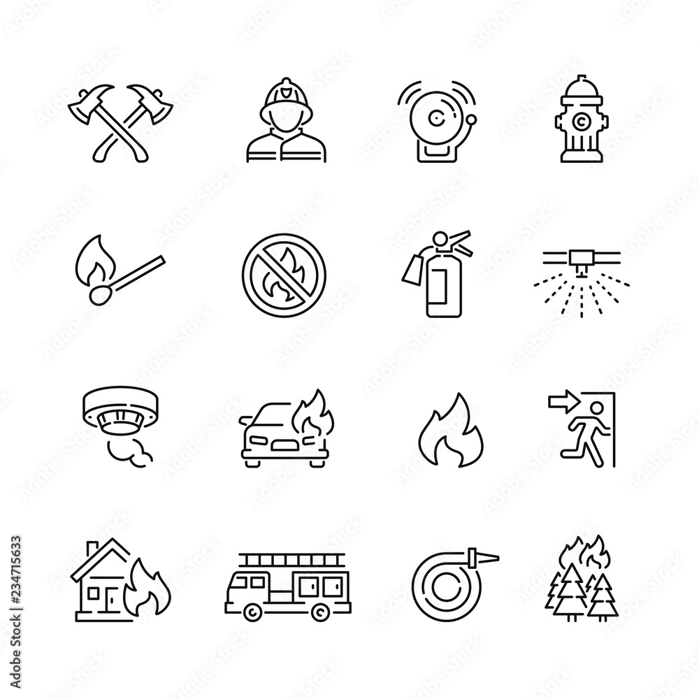 Fire related icons: thin vector icon set, black and white kit Stock ...