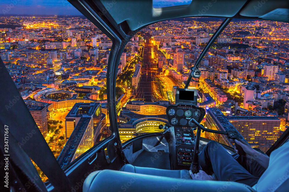 Helicopter cockpit flying on Gare Montparnasse in Paris, French capital ...