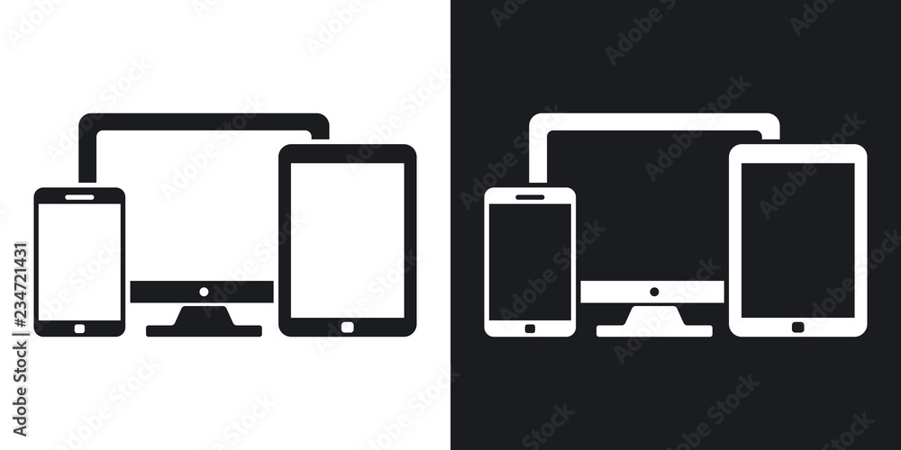 Vector smartphone, tablet and PC icon. Two-tone version on black and ...