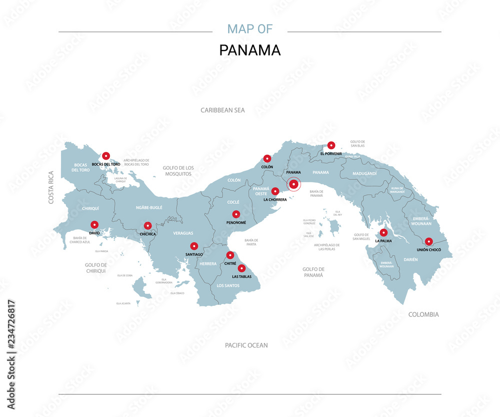 Panama vector map. Editable template with regions, cities, red pins and ...