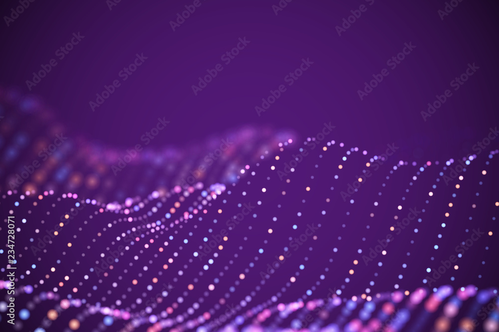 3D Sound waves with colored dots. Big data abstract visualization ...