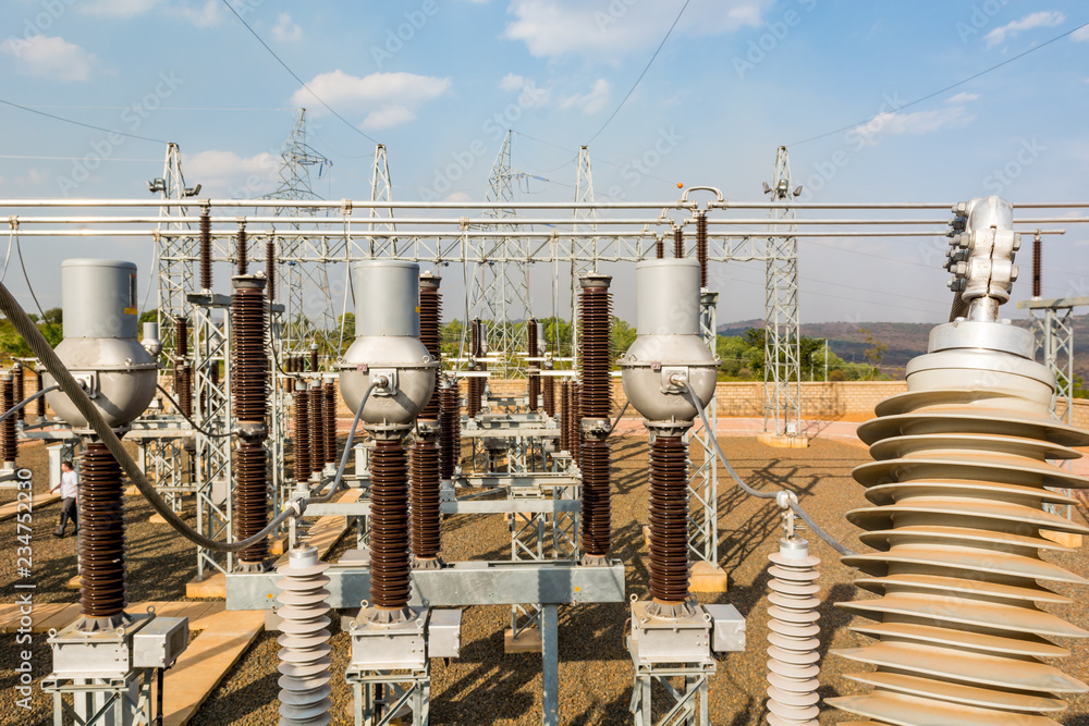 High voltage transformer modern substation electrical switchyard. Stock ...
