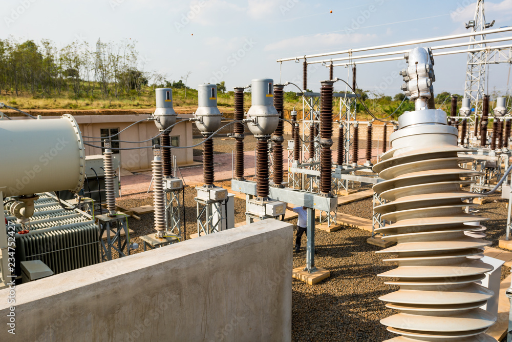 High voltage transformer modern substation electrical switchyard. Stock ...
