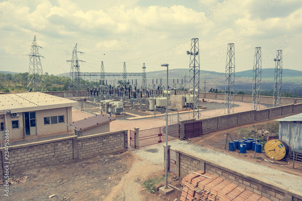 High voltage transformer modern substation electrical switchyard. Stock ...