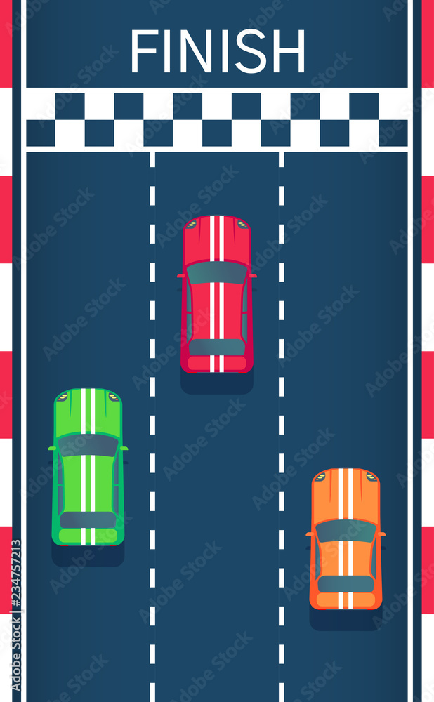 Racing sports cars go to the finish. Motorsport modern car. Flat style ...