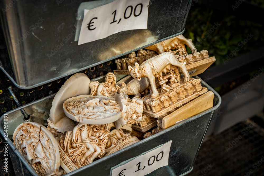 closeup of some souvenirs from Rome. Small objects that represent the ...