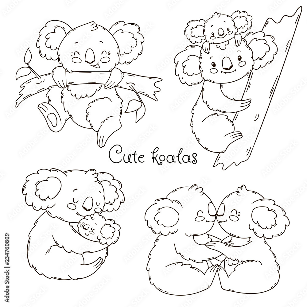ПечатьSuper cute koala bears. Coloring book page for childrens. Stock ...