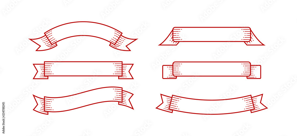 Set banner ribbon with engrave line art shading monoline badge elements ...