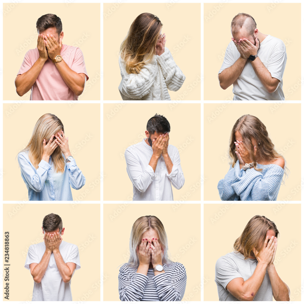 Collage of group people, women and men over colorful yellow isolated ...