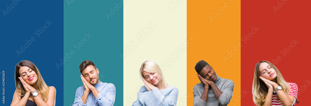Collage of group of young people over colorful vintage isolated ...