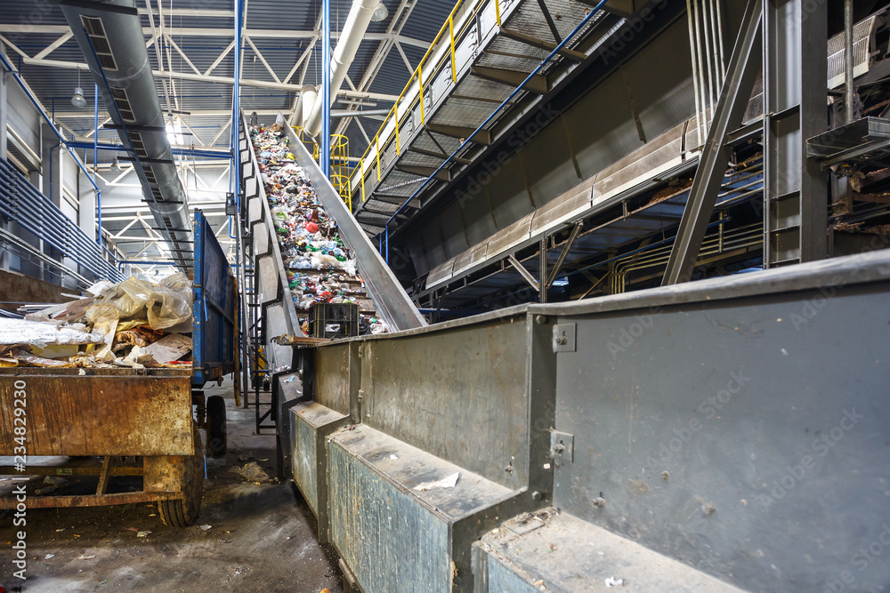 moving conveyor transporter on Modern waste recycling processing plant ...