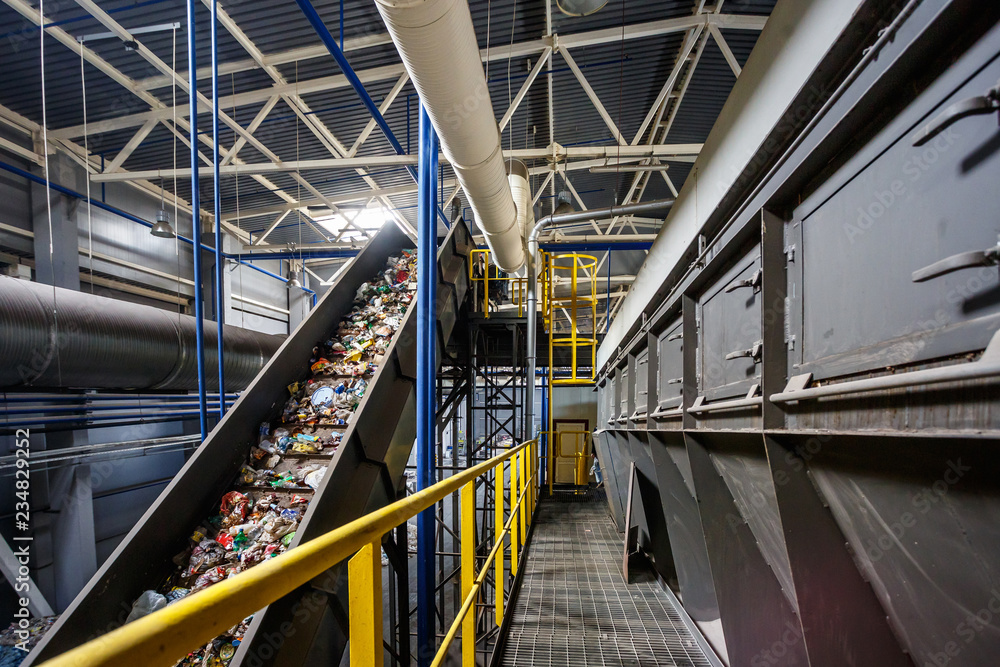 moving conveyor transporter on Modern waste recycling processing plant ...