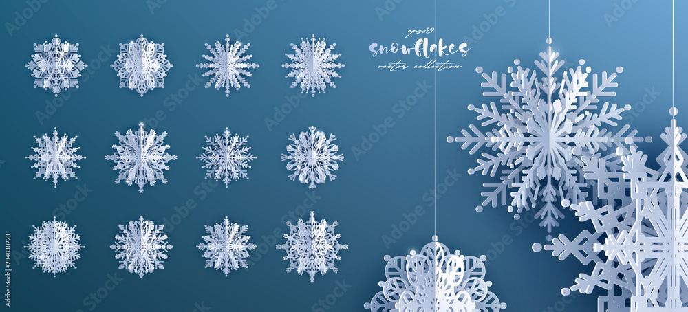 White Paper cut snow flake greeting background, Merry Christmas and ...