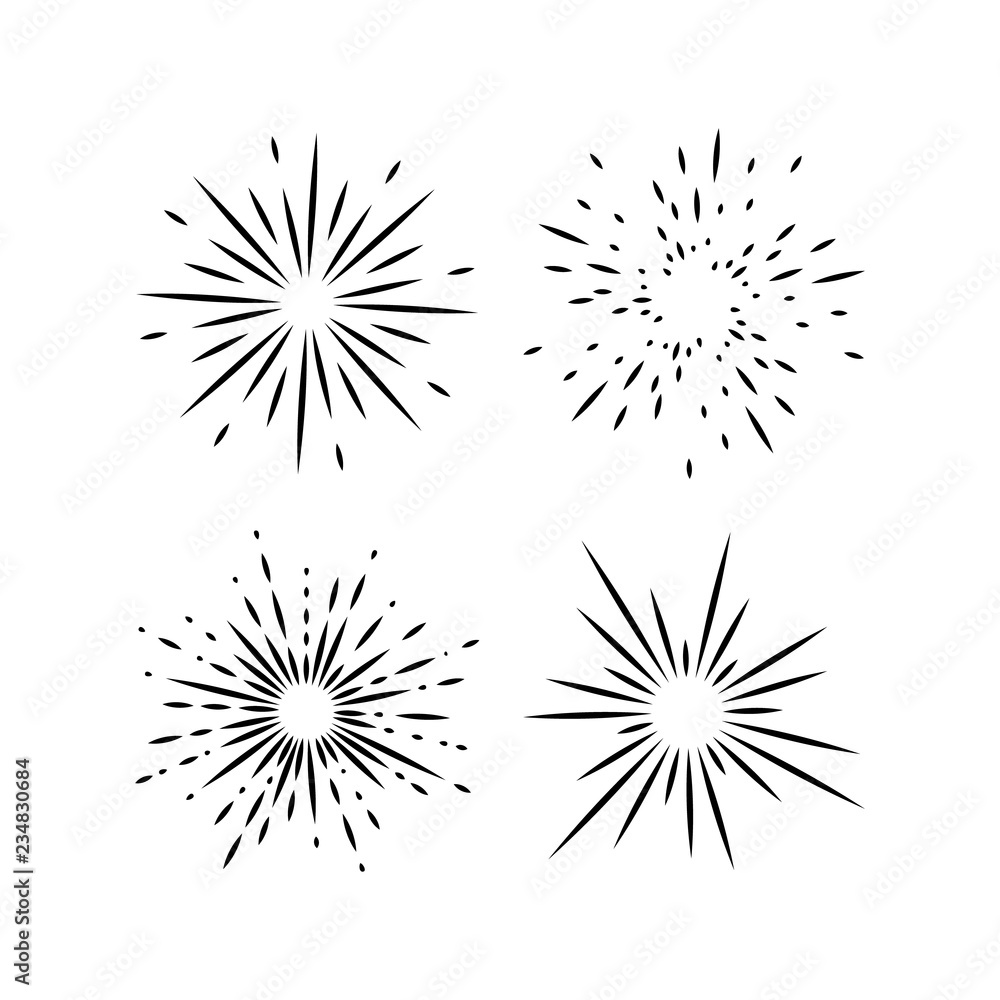 Light rays, sunburst and rays of sun. Design elements, linear drawing ...