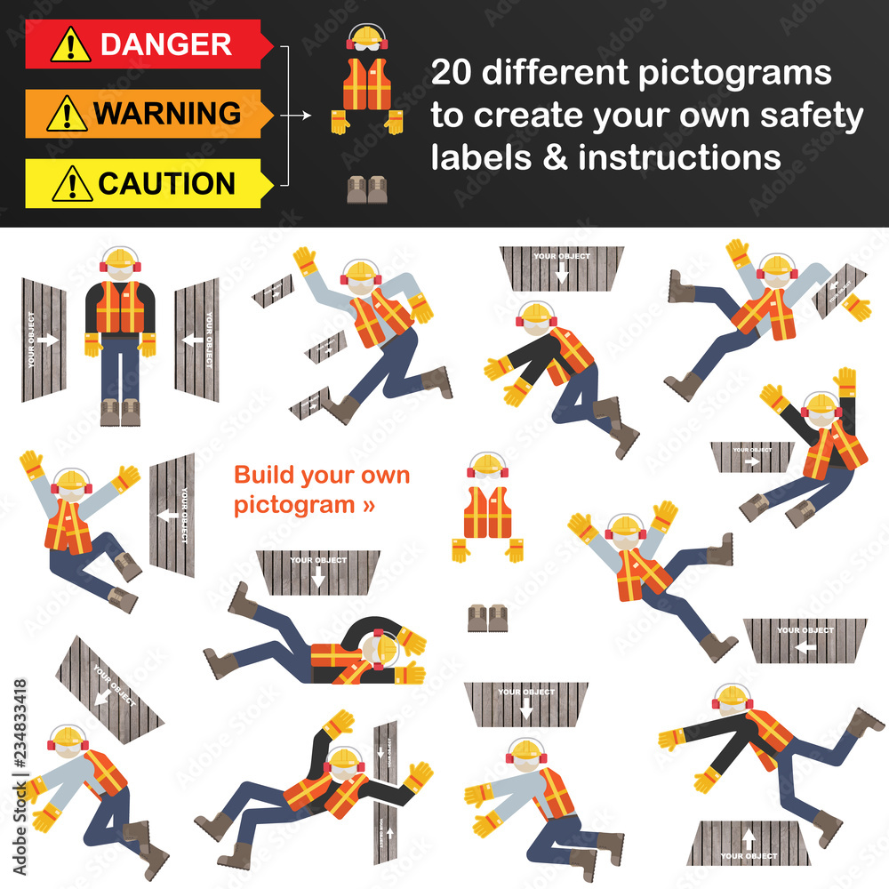 Vector icon set of different safety/danger/warning/caution pictograms ...