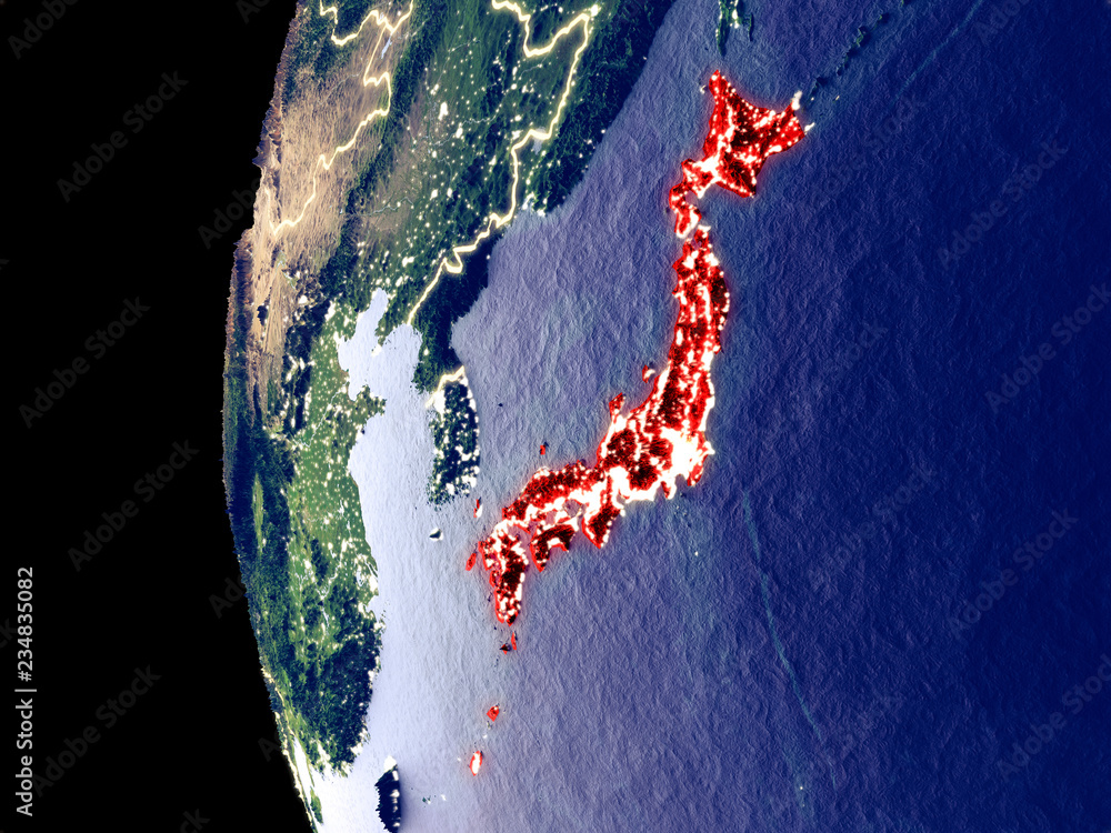 Night view of Japan from space with visible city lights. Very detailed ...