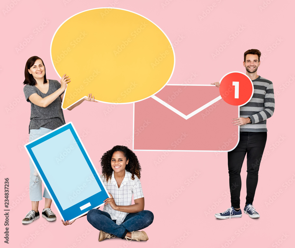 People holding different types of communication icons Stock Photo ...