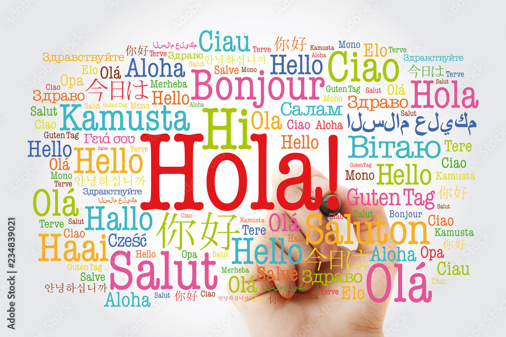 Hola! (Hello Greeting in Spanish) word cloud in different languages of ...