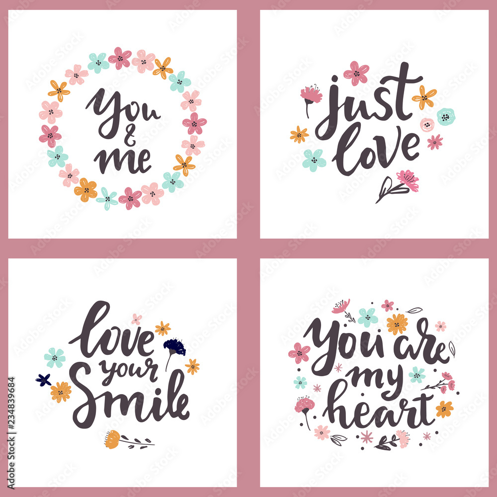 Set of hand written lettering quotes and phrases about love and ...