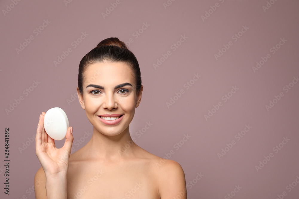 Beautiful young woman with soap on color background Stock Photo | Adobe ...