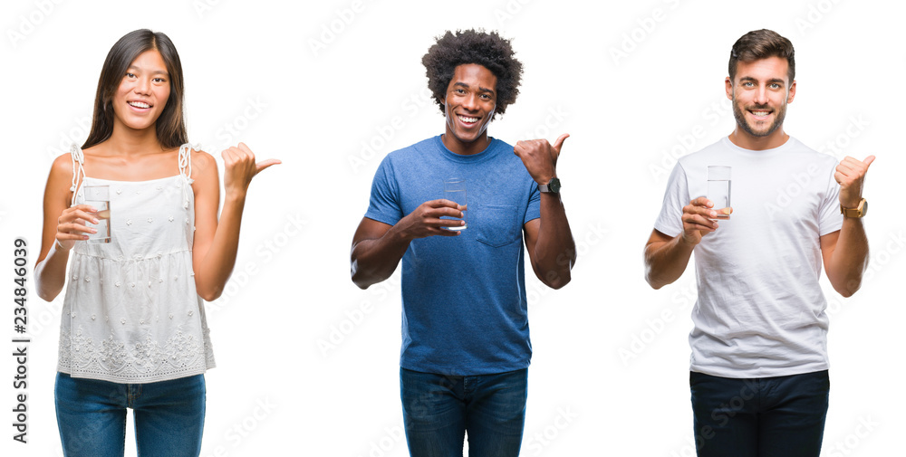Collage of people drinking glass of water over isolated background ...