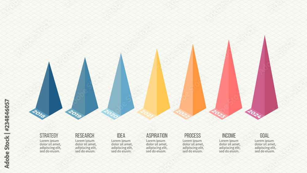 Isometric infographics. Bar chart, graph with 7 pyramids, options ...
