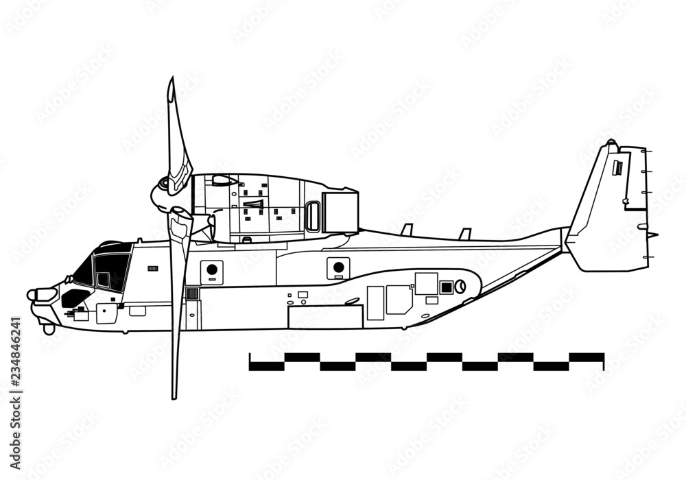 Combat aircraft. Boeing Vertol V-22 OSPREY. Outline drawing Stock ...