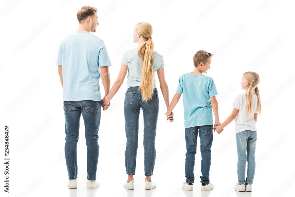 Back view of family standing in jeans and holding hands isolated on ...