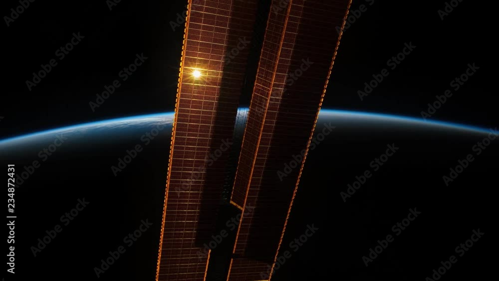 Solar energy. Space station solar panels. Earth seen from space ...