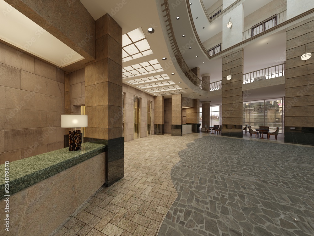 The interior design of the hotel lobby with a large multi-storey ...