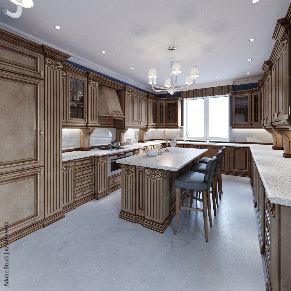 Classic kitchen. Interior design ideas. Oak wood texture. Stock ...