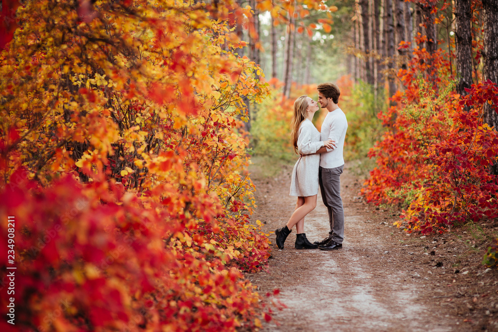 autumn love, couple kissing in fall park, happy man and woman outside ...